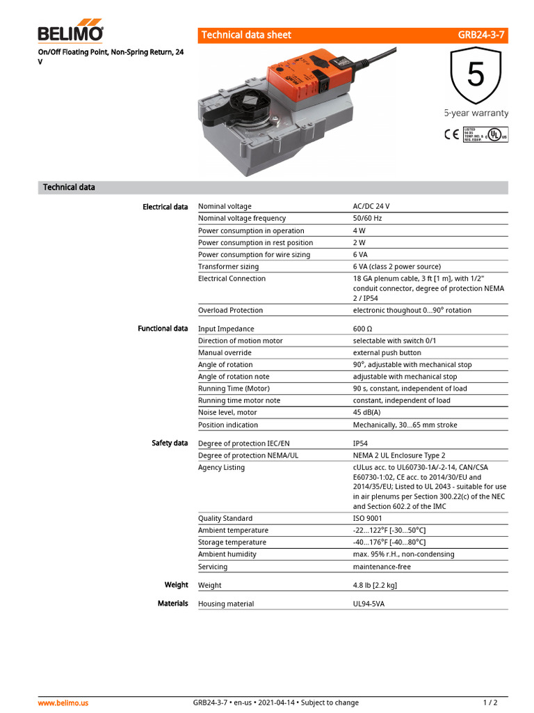 Belimo GRB24-3-7 Datasheet En-Us | PDF | Power Supply | Electrical Equipment