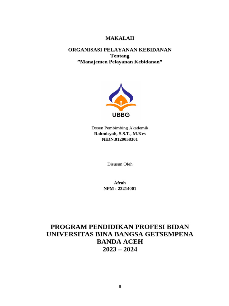 STASE Manajemen Pelayanan Kebidanan, AFRAH | PDF