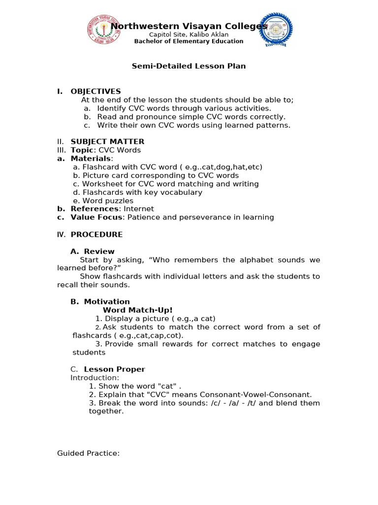 CVC Words Lesson Plan for Educators | PDF | Flashcard | Lesson Plan