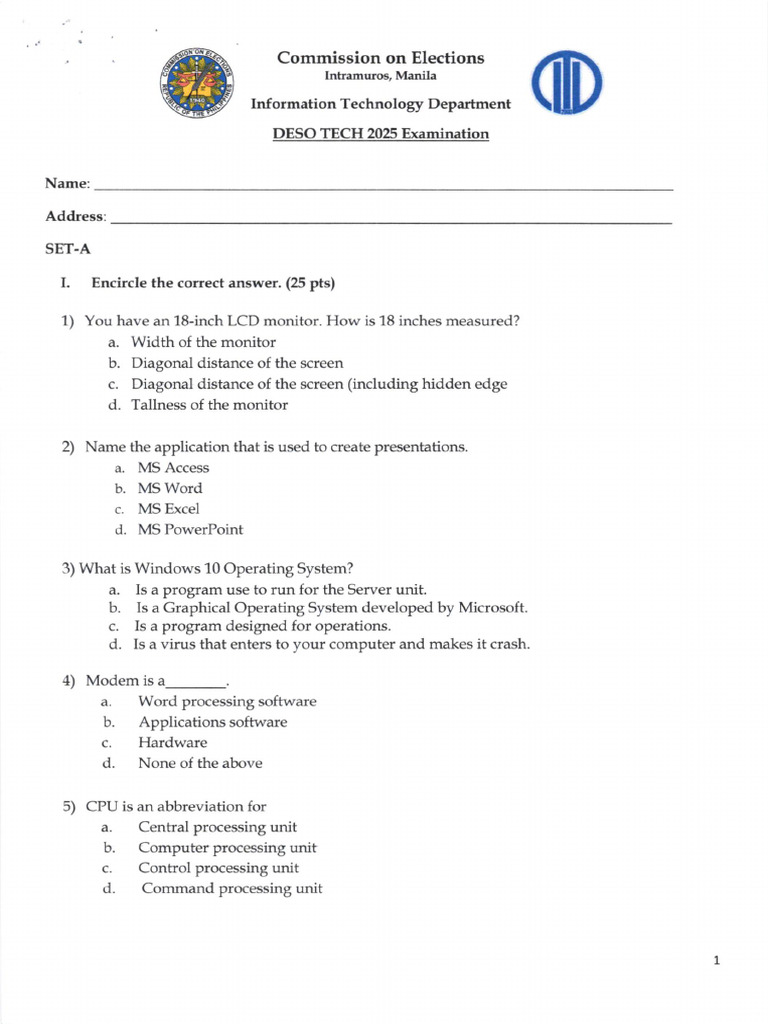 2025 Nle - Deso TSS Exam - Set A | PDF | Printer (Computing) | Input/Output