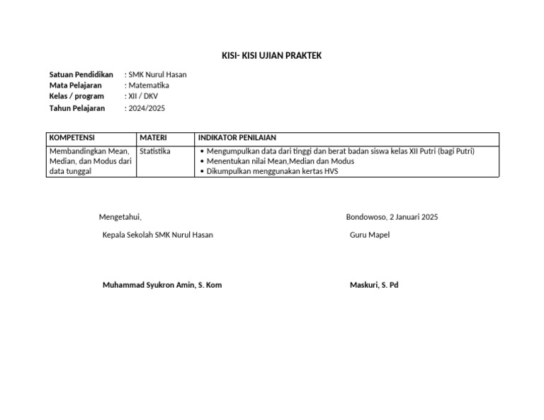 KISI-kisi Ujian Praktek MTK Kls XII 2025 | PDF