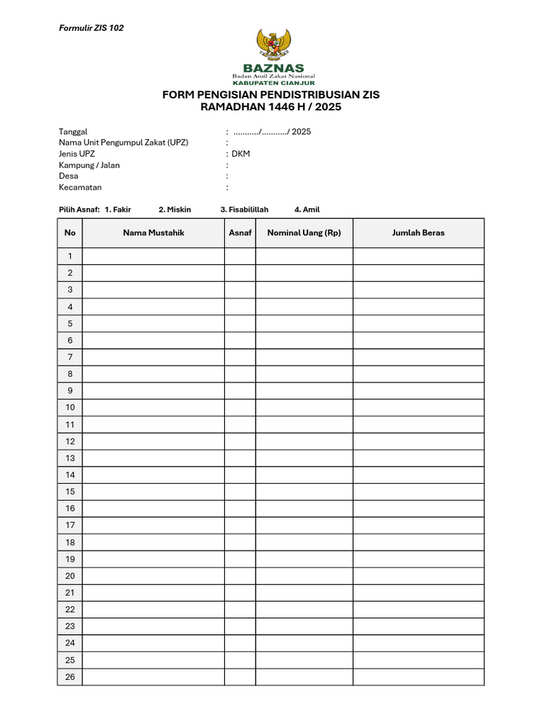 Formulir Distribusi ZIS 102 2025 | PDF
