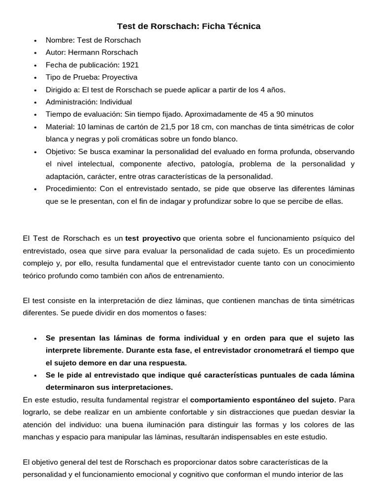 Test de Rorschach: Ficha Técnica | PDF | Color | Sicología