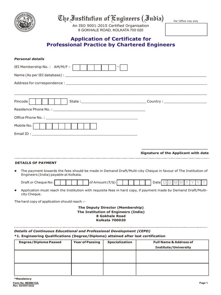 Application Form Practicing-Chartered-Engineers PPCE | PDF