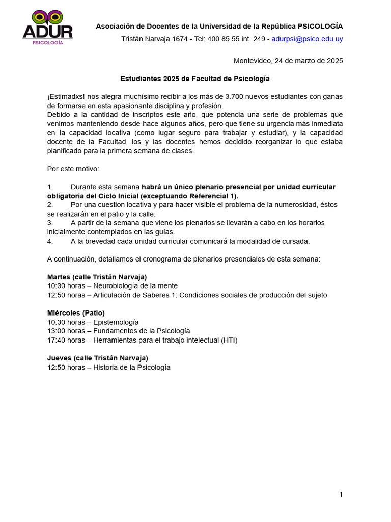 Carta A Estudiantes Asamblea Adur 2025 | PDF