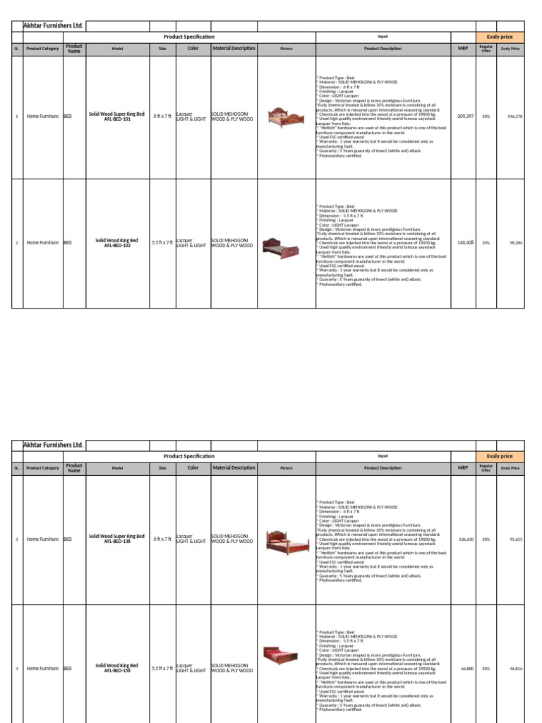 Akhtar Furniture Price List & Specs | PDF | Wood | Furniture
