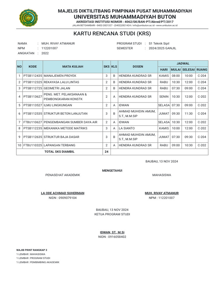 Kartu Rencana Studi - 112201007 | PDF