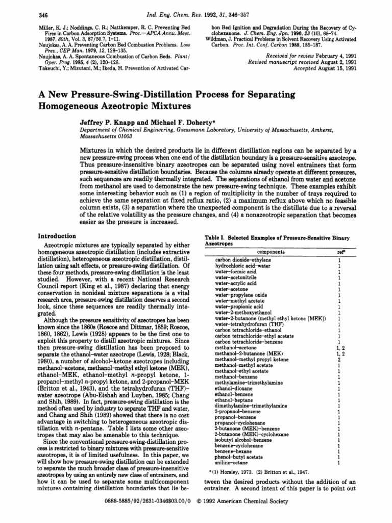Knapp1992 Azeotropic Distillation | PDF | Distillation | Chemistry