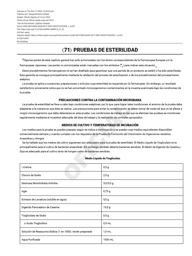 USP-NF 71 Pruebas de Esterilidad | PDF | Esterilización (Microbiología ...