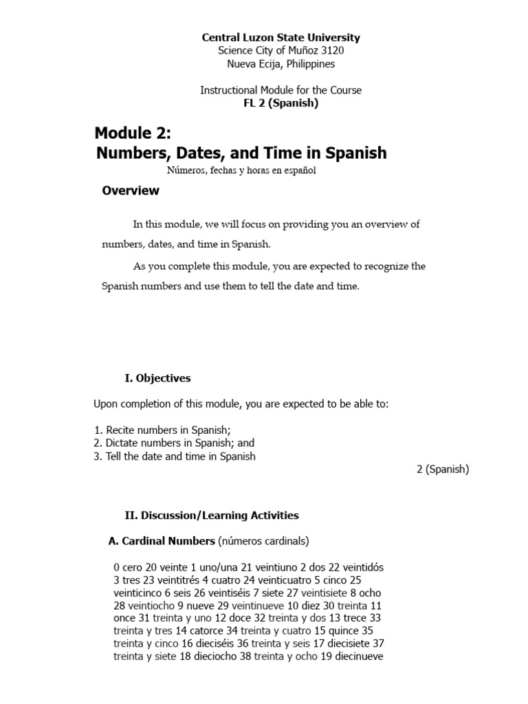 Spanish Numbers, Dates, and Time Module | PDF | Grammatical Gender | Noun
