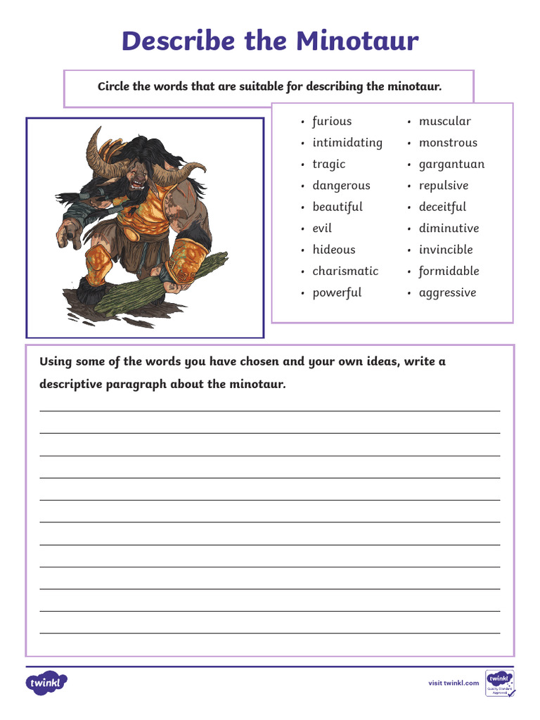 T e 1668076667 Describe The Minotaur Writing Activity - Ver - 1 | PDF