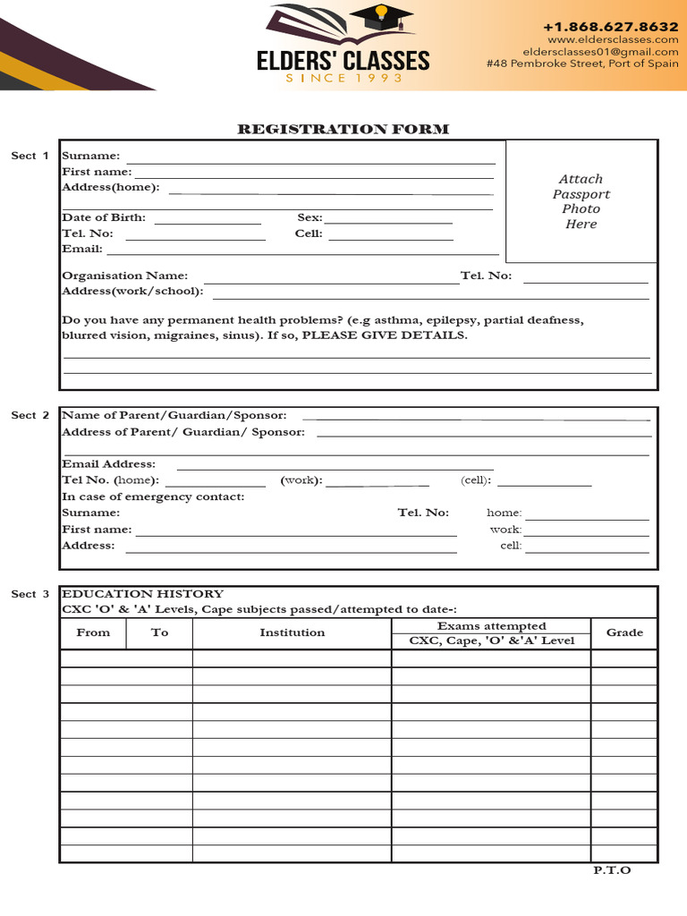 Elders Classes Registration Form 2023 | PDF