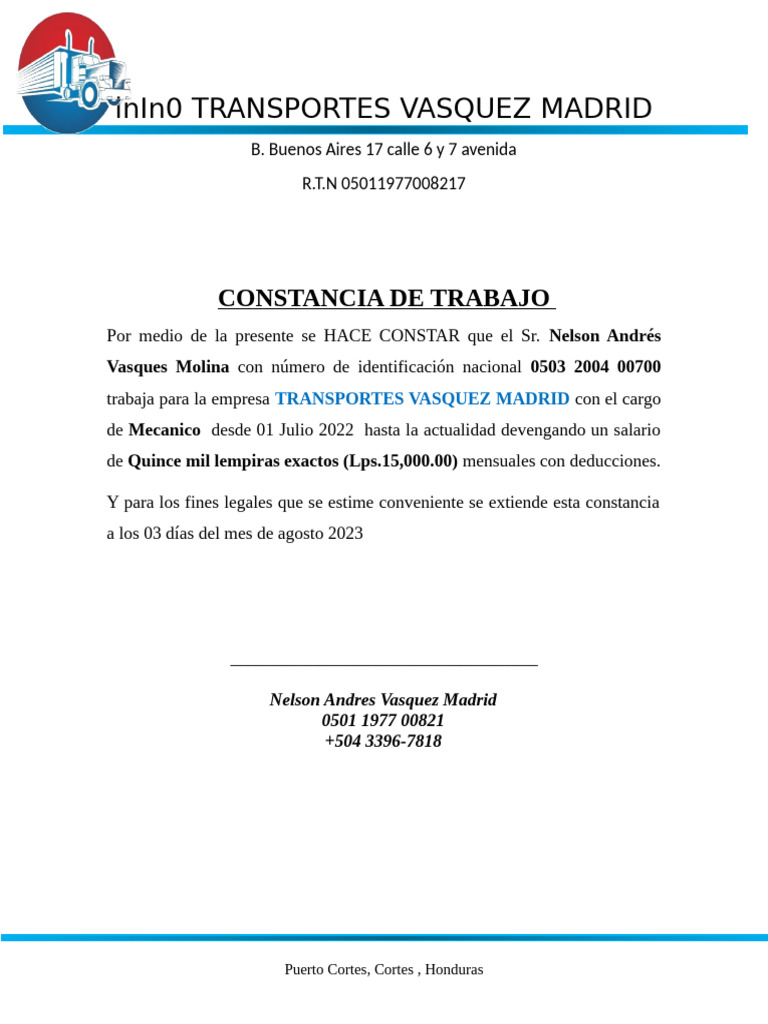 Constancia De Trabajo Transportes Vasquez Madrid Pdf