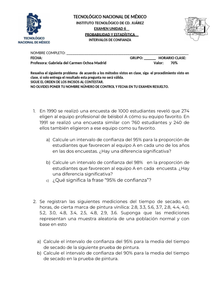 Examen Unidad 2 Intervalos de Confianza Prob y Est. | PDF | Intervalo de confianza | Muestreo ...