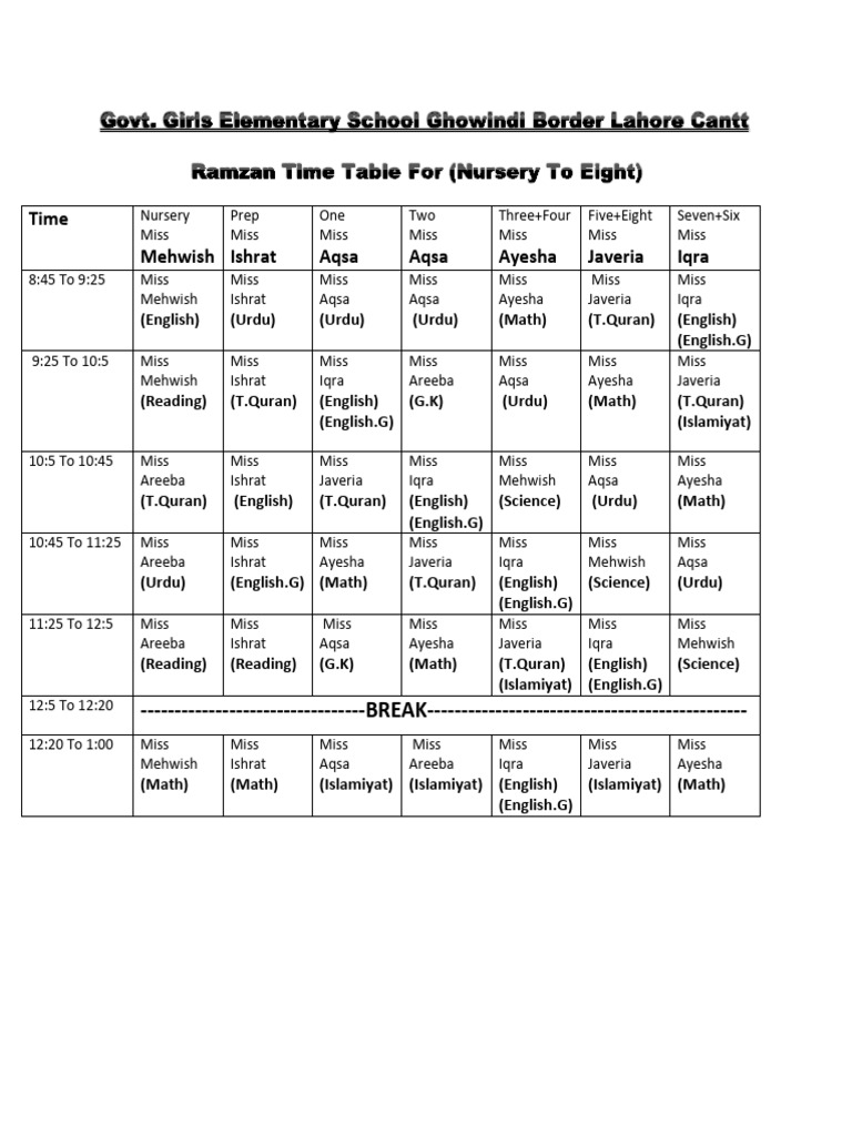 Ramzan Time Table | PDF