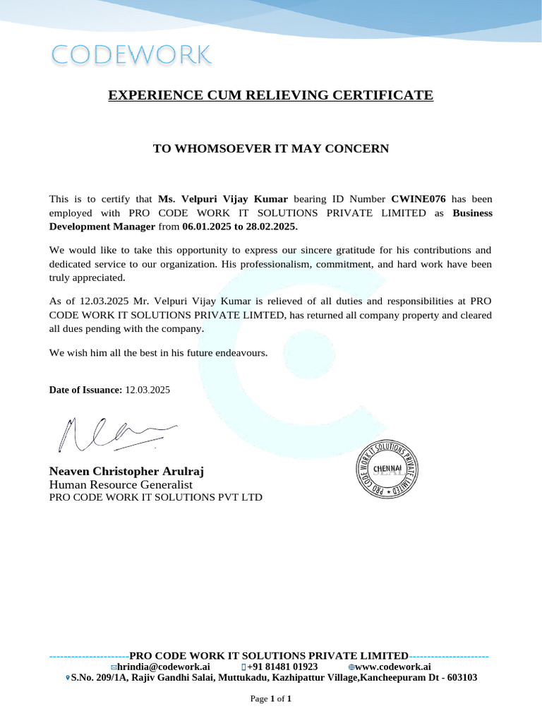 Experience cum releiving letter - codework | PDF