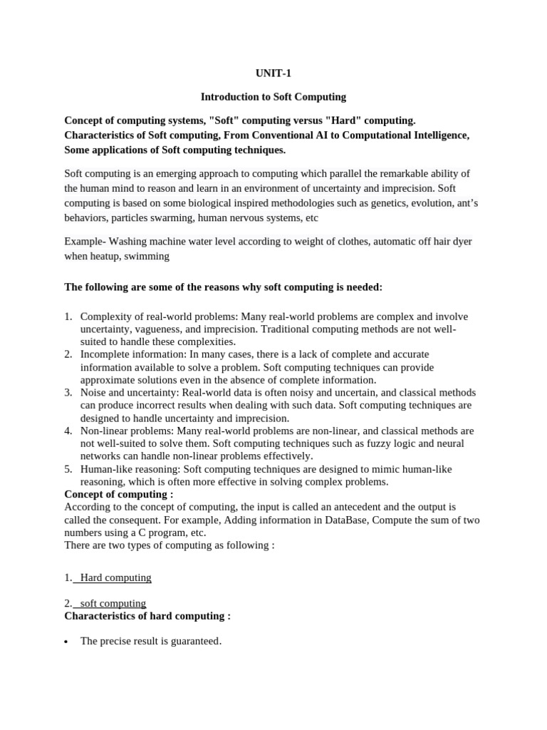 Unit-1 Soft Computing | PDF | Artificial Intelligence | Intelligence (AI) & Semantics