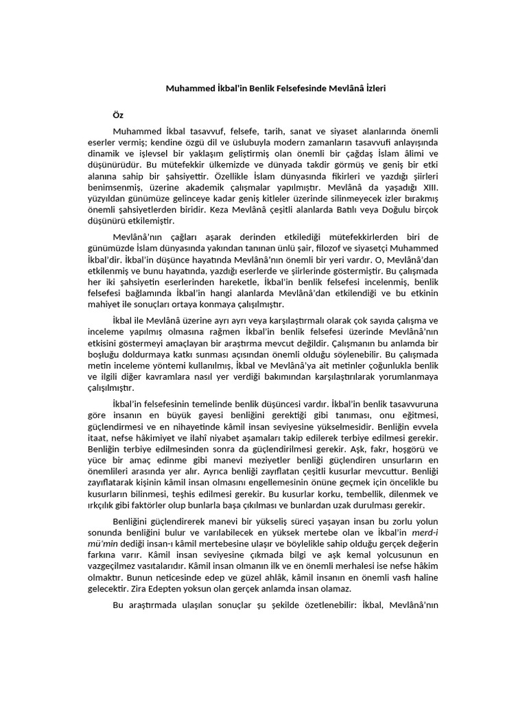 Muhammed İkbal'in Benlik Felsefesinde Mevlânâ İzleri Öz Ve Abstract | PDF