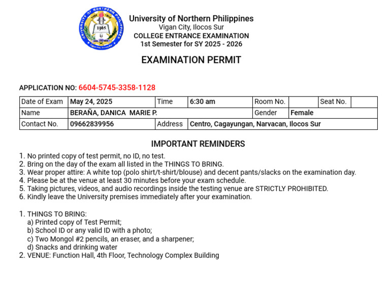 Entrance Exam Permit | PDF