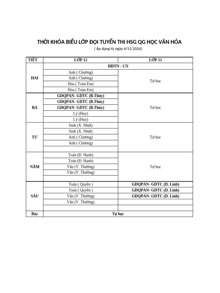 THỜI KHÓA BIỂU LỚP ĐỘI TUYỂN THI HSG QG HỌC VĂN HÓA 4.11 | PDF