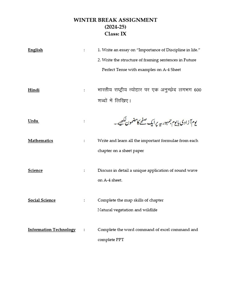 Winter Break Assignment (Class-IX) | PDF