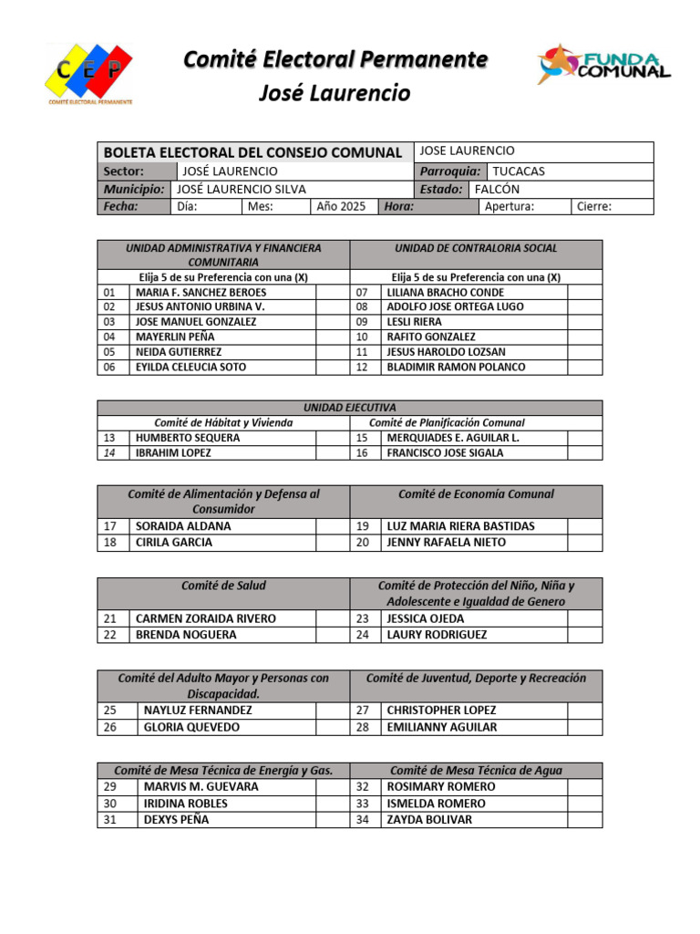 Boleta Electoral Consejo Comunal 2025 | PDF