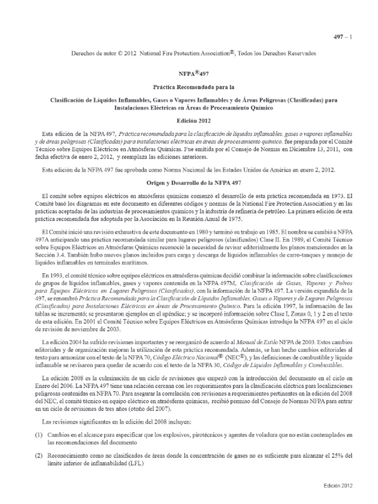 NFPA 497 - Clasificación de Áreas Peligrosas en Procesos Químicos | PDF