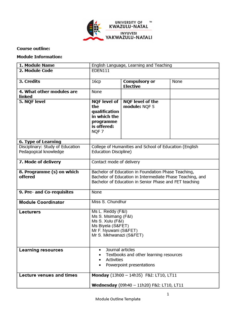 English Language Teaching Module Outline | PDF | Literacy | Communication