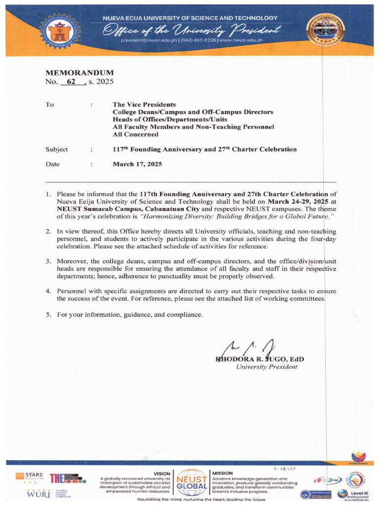 Memo 62 s.2025 117th Founding Anniversary and 27th Charter Celebration ...
