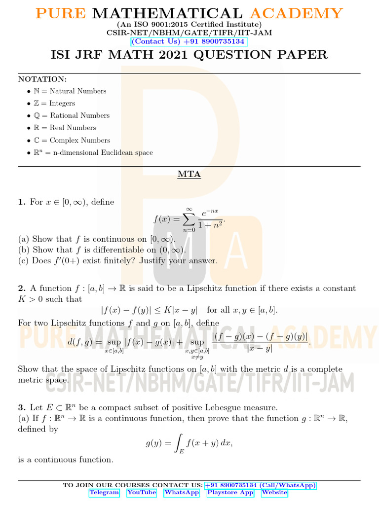 ISI JRF 2021 - Pure Mathematical Academy | PDF | Function (Mathematics ...