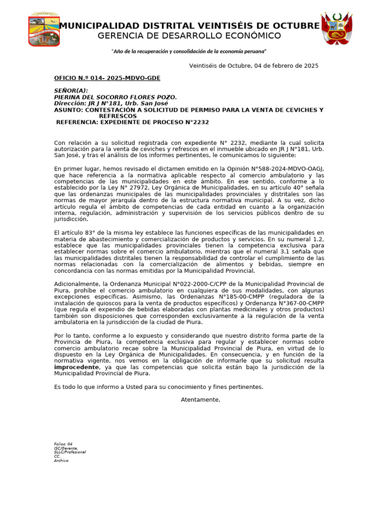 Oficio #014-2025-Mdvo-Gde, Respuesta A Solicitud de Venta de Comidas | PDF | Gobierno | Justicia