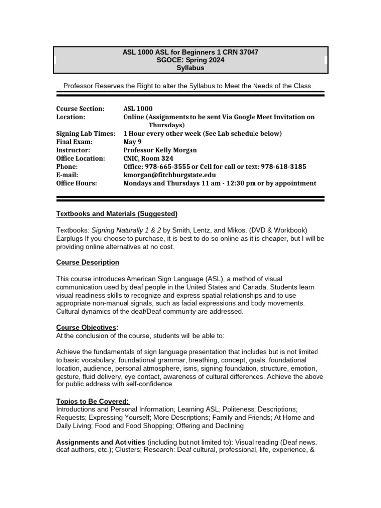 ASL 1000 Spring 2024 - K. Morgan copy | PDF | American Sign Language ...