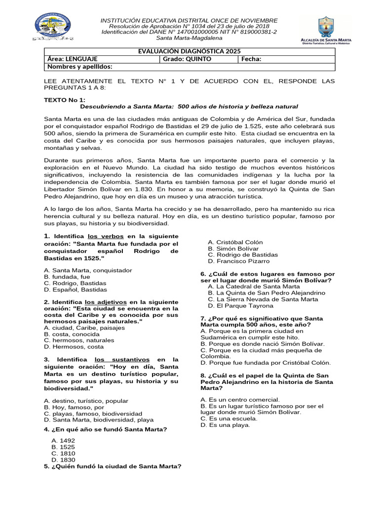 Evaluación Diagnóstica - Lenguaje - Quinto - 2025 | PDF | Ardilla | Colombia
