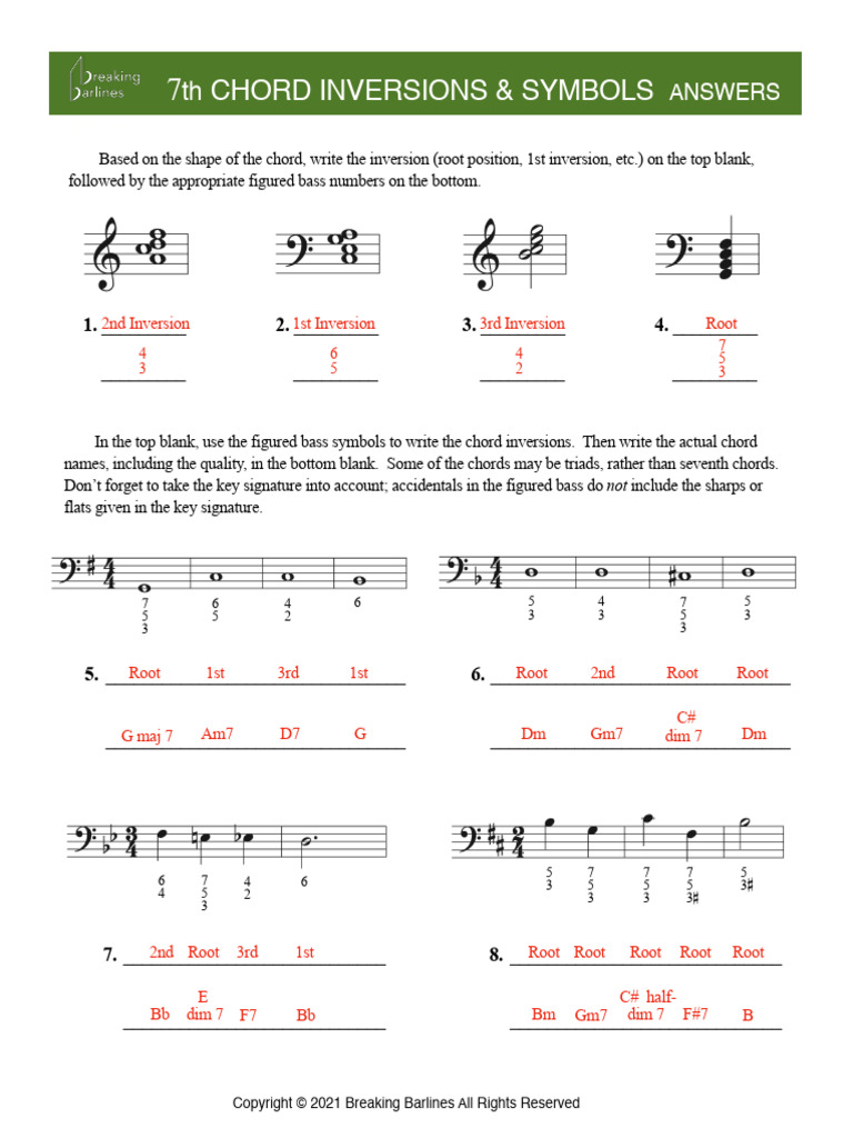 7th Chord Inversions and Chord Symbols Answers NEW 2024 | PDF | Chord (Music) | Melody