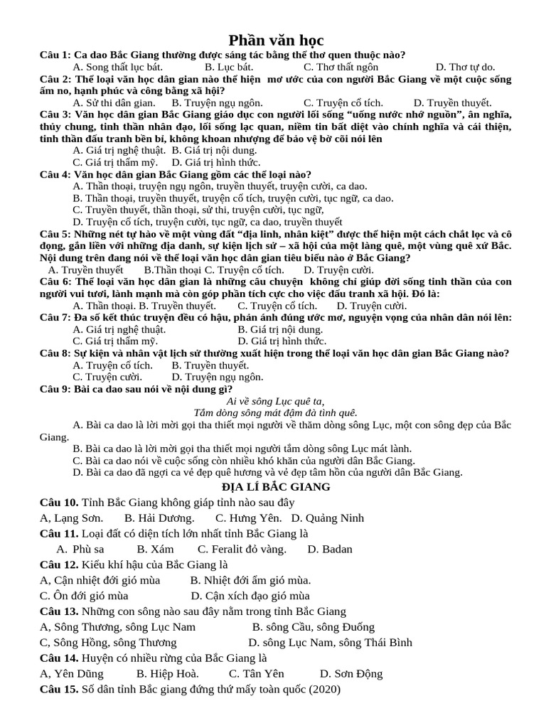 CÂU HỎI GD ĐP GIỮA HK II - HS-K10 | PDF