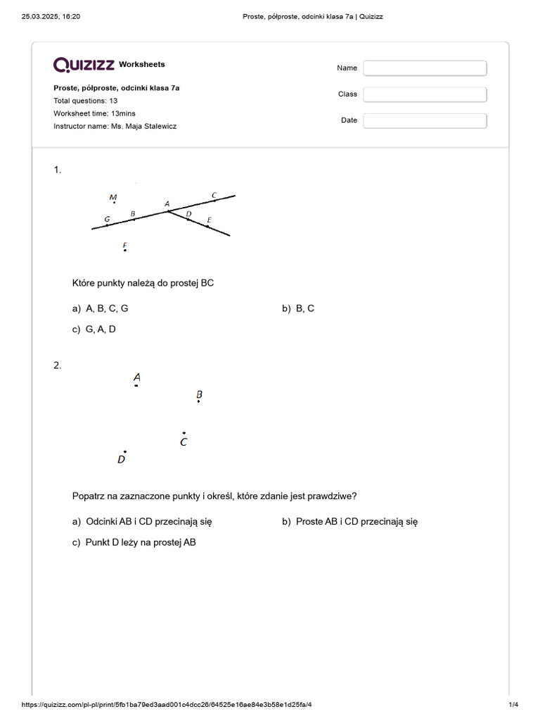 Quizizz - Proste, Półproste, Odcinki Klasa 7a | PDF