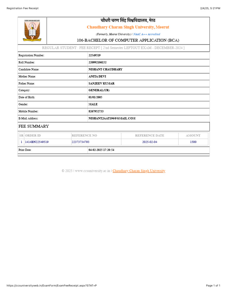 Registration Fee Receipt | PDF