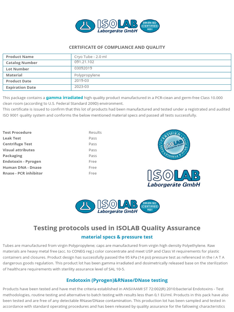 ISOLAB Cryo Tube Compliance Certificate | PDF | Polymerase Chain ...