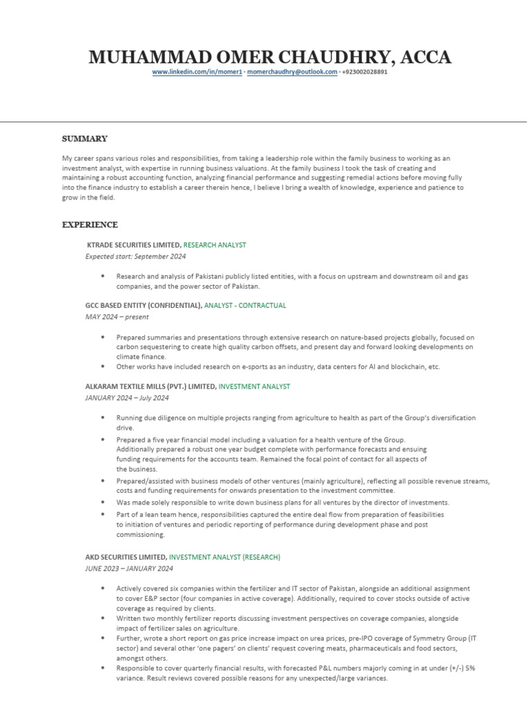 Muhammad Omer Chaudhry - CV-3 | PDF | Financial Analyst | Valuation (Finance)