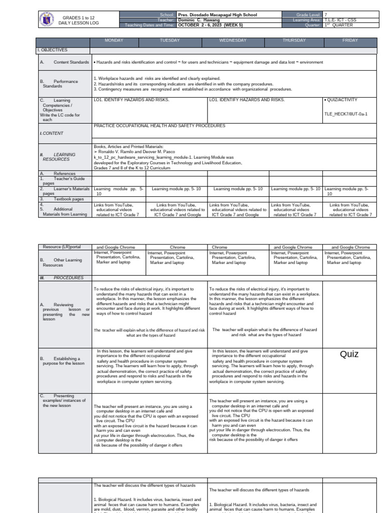 DLL TLE ICT GR.7 WEEK 5 | PDF | Hazards | Educational Technology