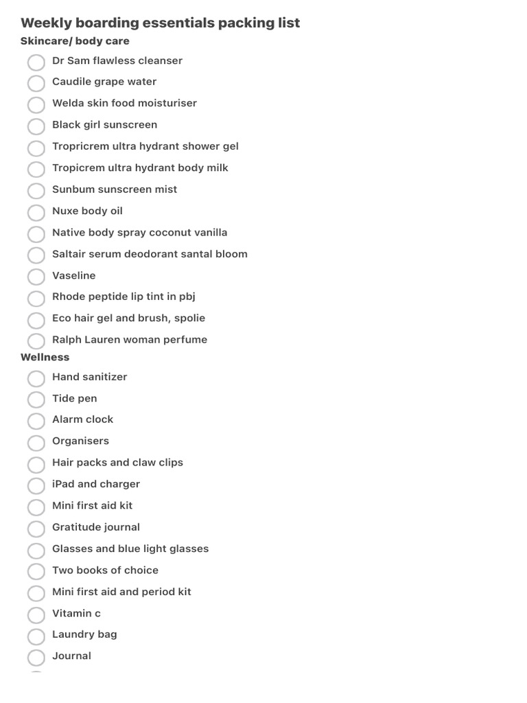 Weekly Boarding Essentials Packing List | PDF