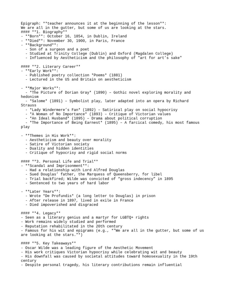 Oscar Wilde Class Notes | PDF