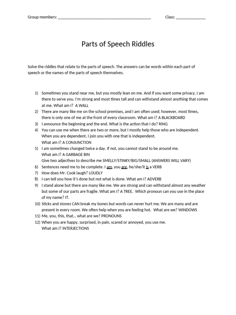 Parts of Speech Riddles ANSWER SHEET | PDF