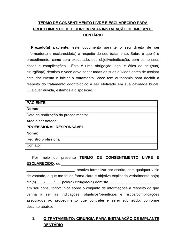 Tcle Cirurgia para Instalação de Implante Dentário 1 | PDF ...