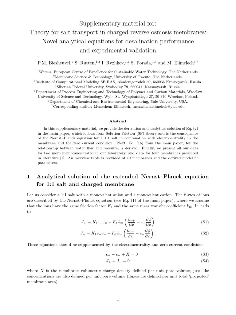 (SI) Theory For Salt Transport in Charged Reverse Osmosis Membranes ...