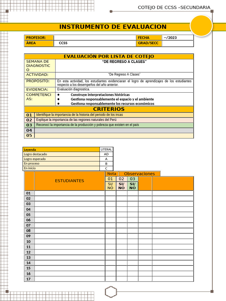 Lista de Cotejo 3° CCSS Evaluacion Diagnostica | PDF