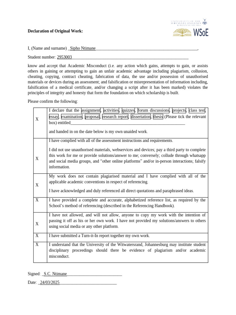 Academic Integrity Declaration Form | PDF | Academic Dishonesty ...