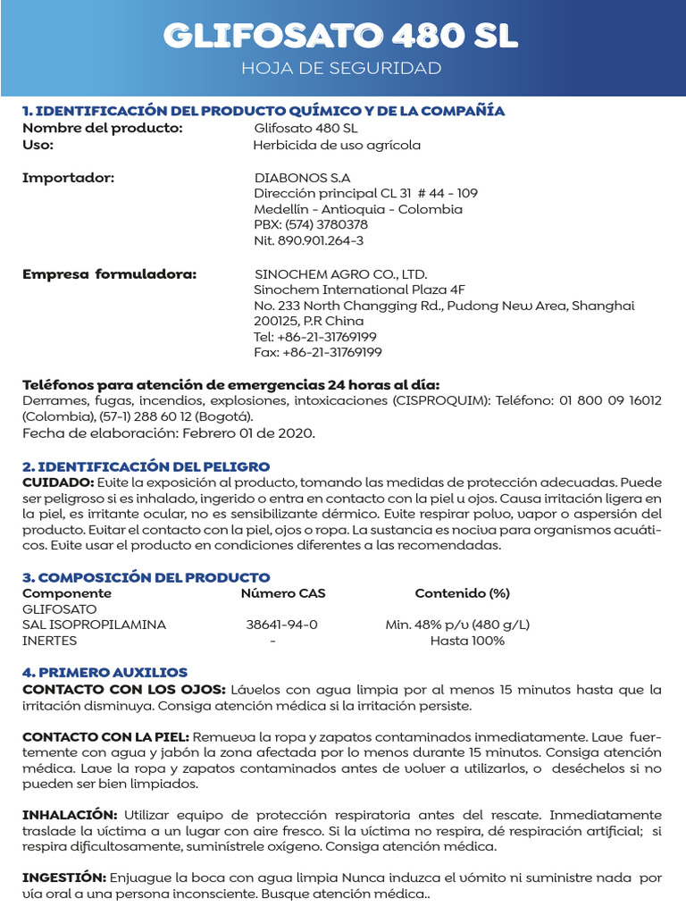 Hoja de Seguridad Glifosato 480 SL | PDF | Agua | Pesticida