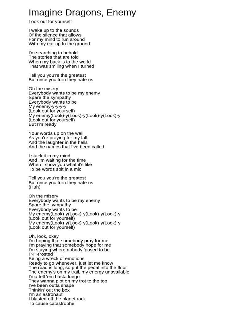 Imagine Dragons - Enemy Lyrics | PDF