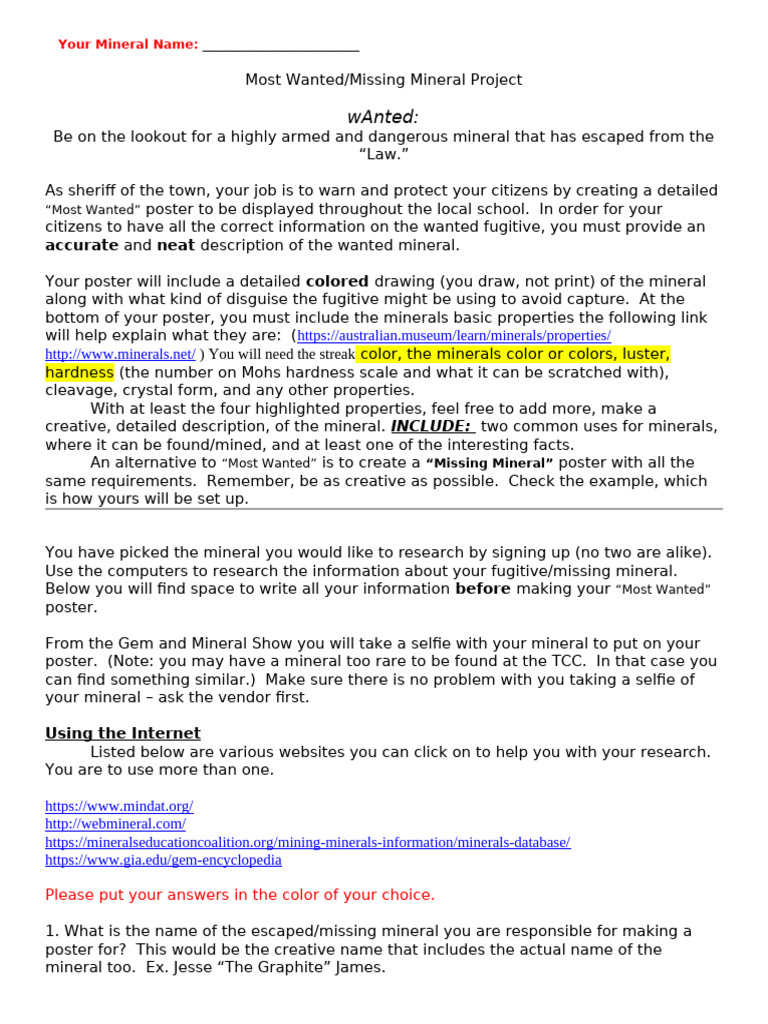 Most Wanted Mineral Poster Project | PDF | Minerals | Mineralogy